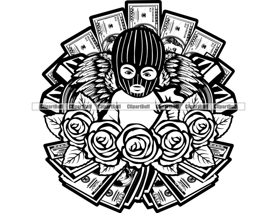Gangster Baby Angel Wings Money Stack Roses Wearing Ski Mask Hustling ...