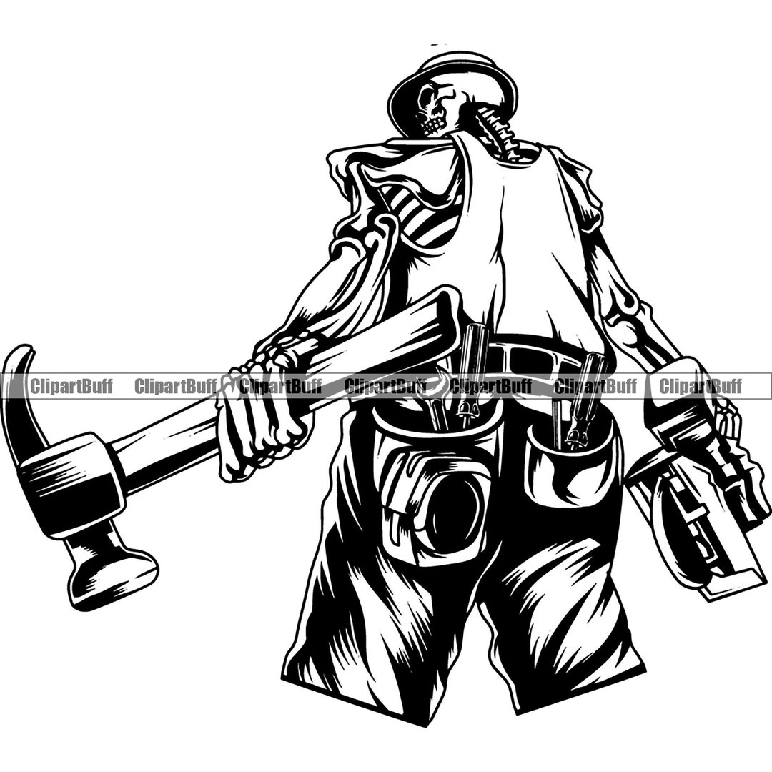 Skull Holding Hammer Nail Gun Skeleton Construction Worker Roofer ...
