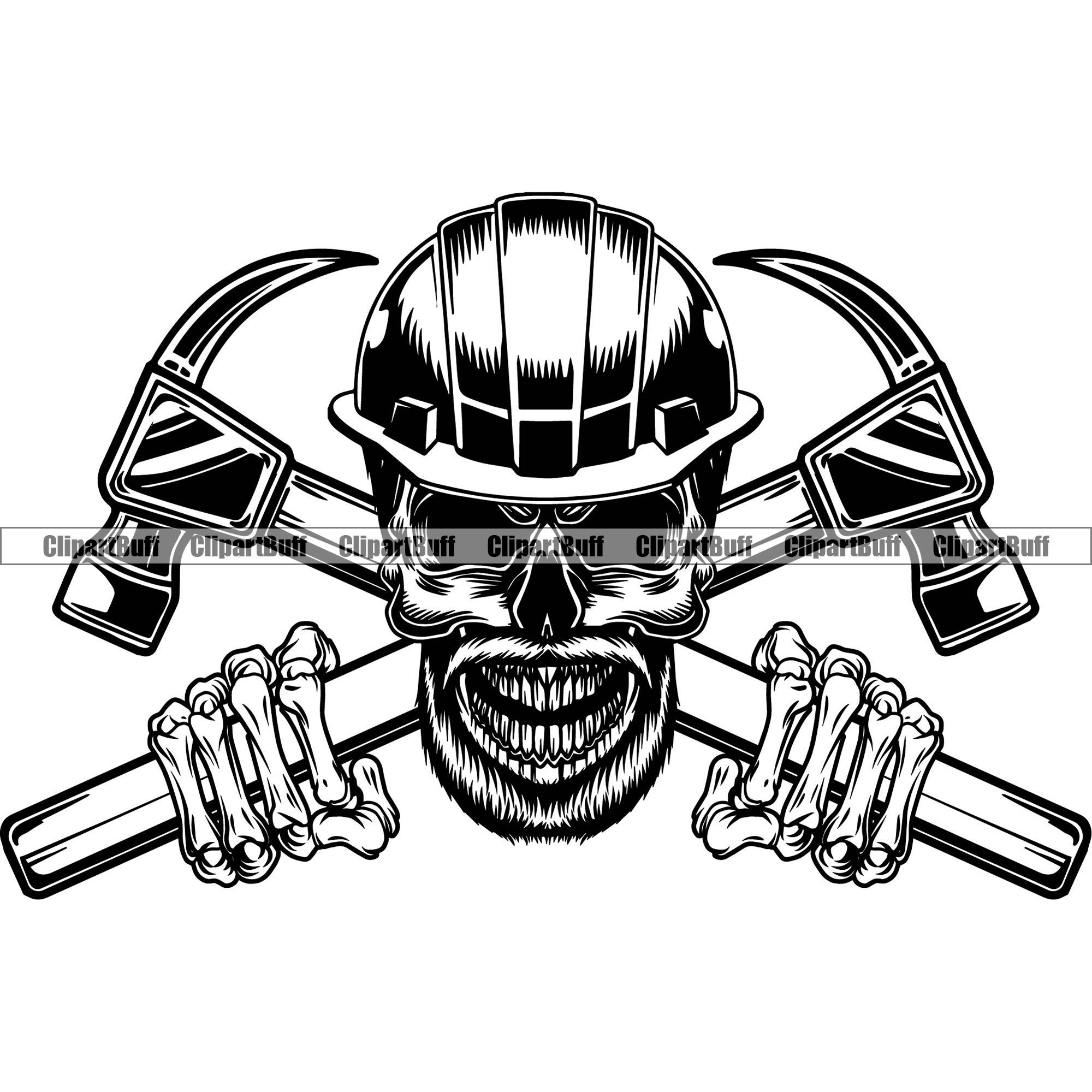 Construction Skull Hardhat Beard Cross Bone Hand Hammers Builder Labor ...