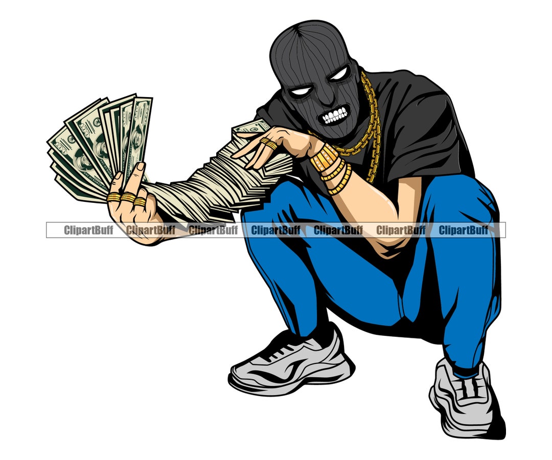 Gangster Hustle Man Wearing Ski Mask Spreading Money Stack on Arm Gold ...