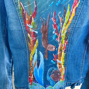 Hand Painted Denim Mermaid Jacket | Mermaid | Sea Otters | Size Small ...