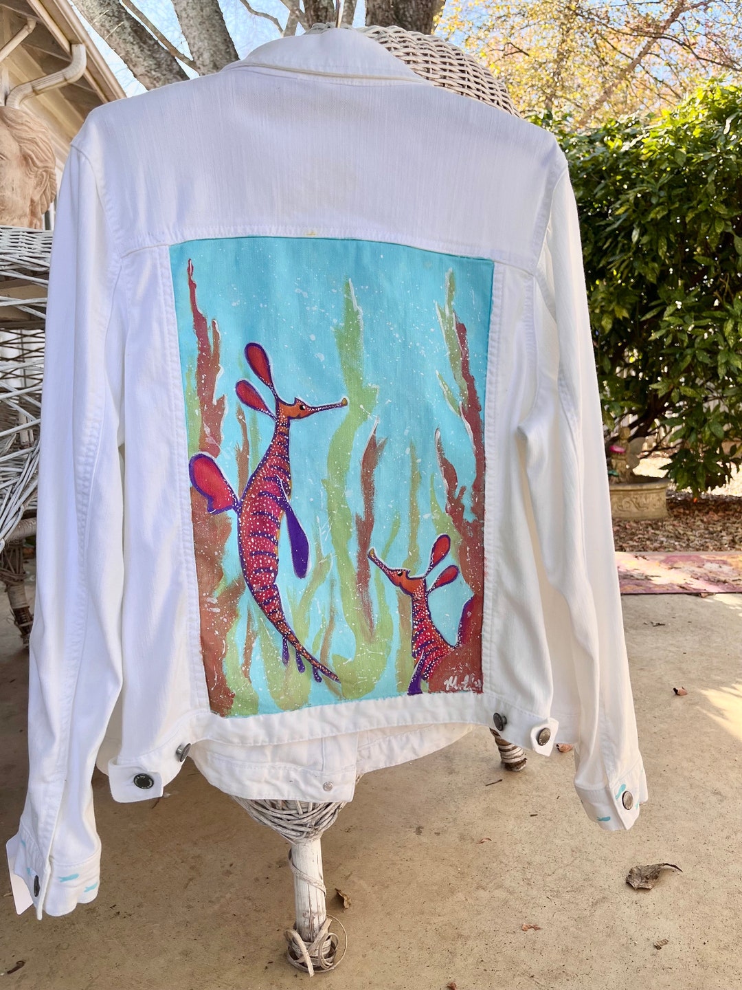 Hand Painted Denim Jacket Weedy Seadragons Size 1X / XL Gifts for Ocean ...