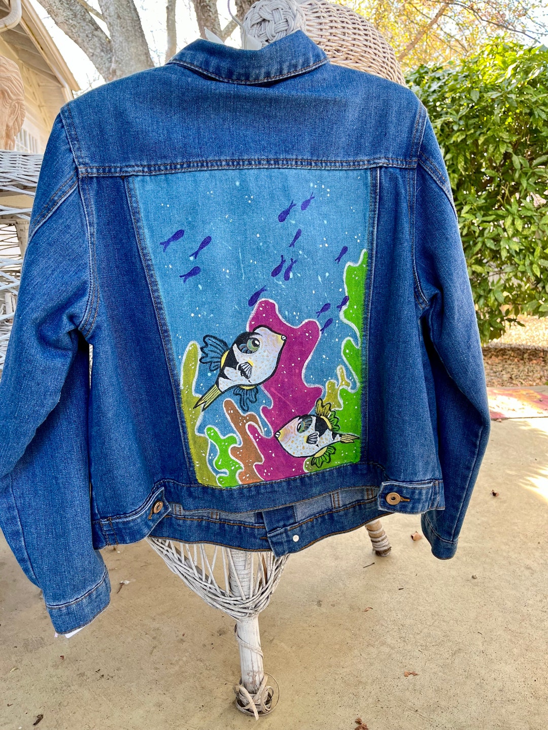 Hand Painted Denim Jacket Puffer Fish Coral Reef Size Large Gifts for ...