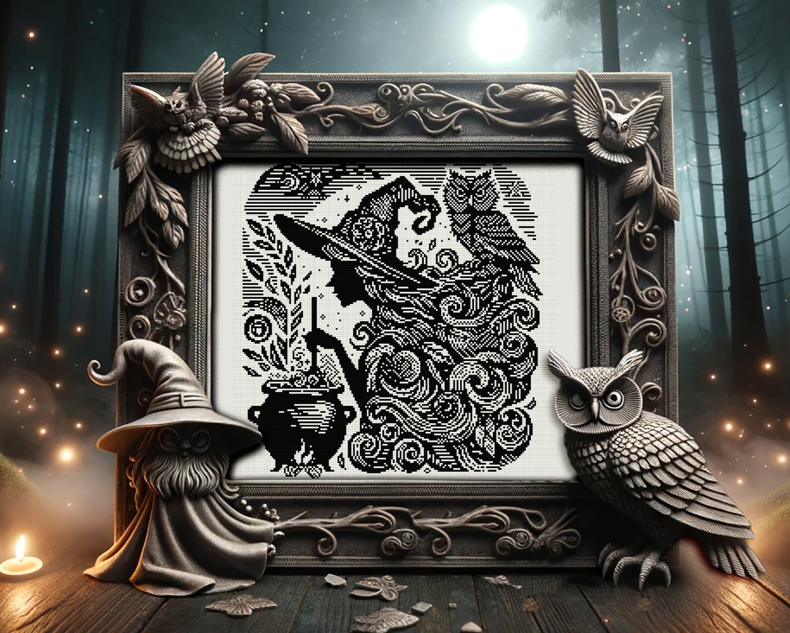 Woodcut Witch Cross Stitch Pattern Horror Gift for Goth X-stitch Witchy ...