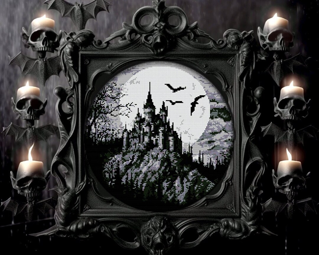 Dracula's Castle With Moon Cross Stitch Pattern Horror Gift for Goth X ...