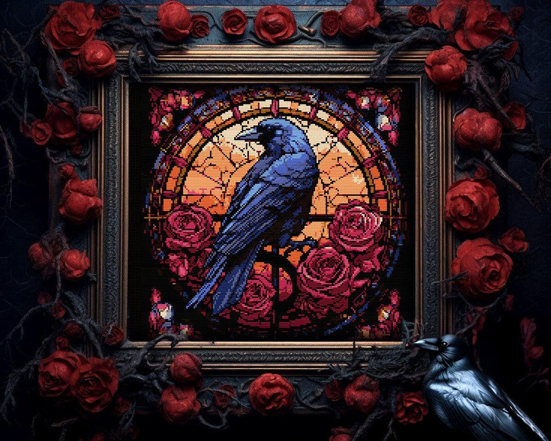 Stained Glass Raven and Roses Cross Stitch Pattern Gothic Gift for Goth ...