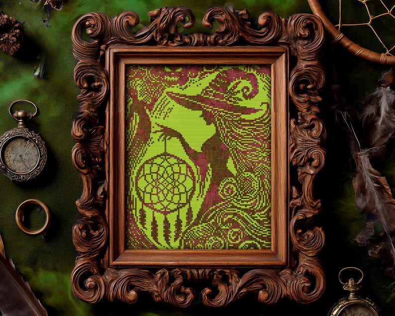 Woodcut Dream Weaver Witch Cross Stitch Pattern Spooky Gift for ...