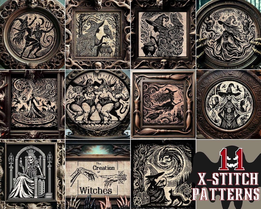 Woodcut Witches Cross Stitch Pattern Bundle Set-11 Designs Horror Gift ...