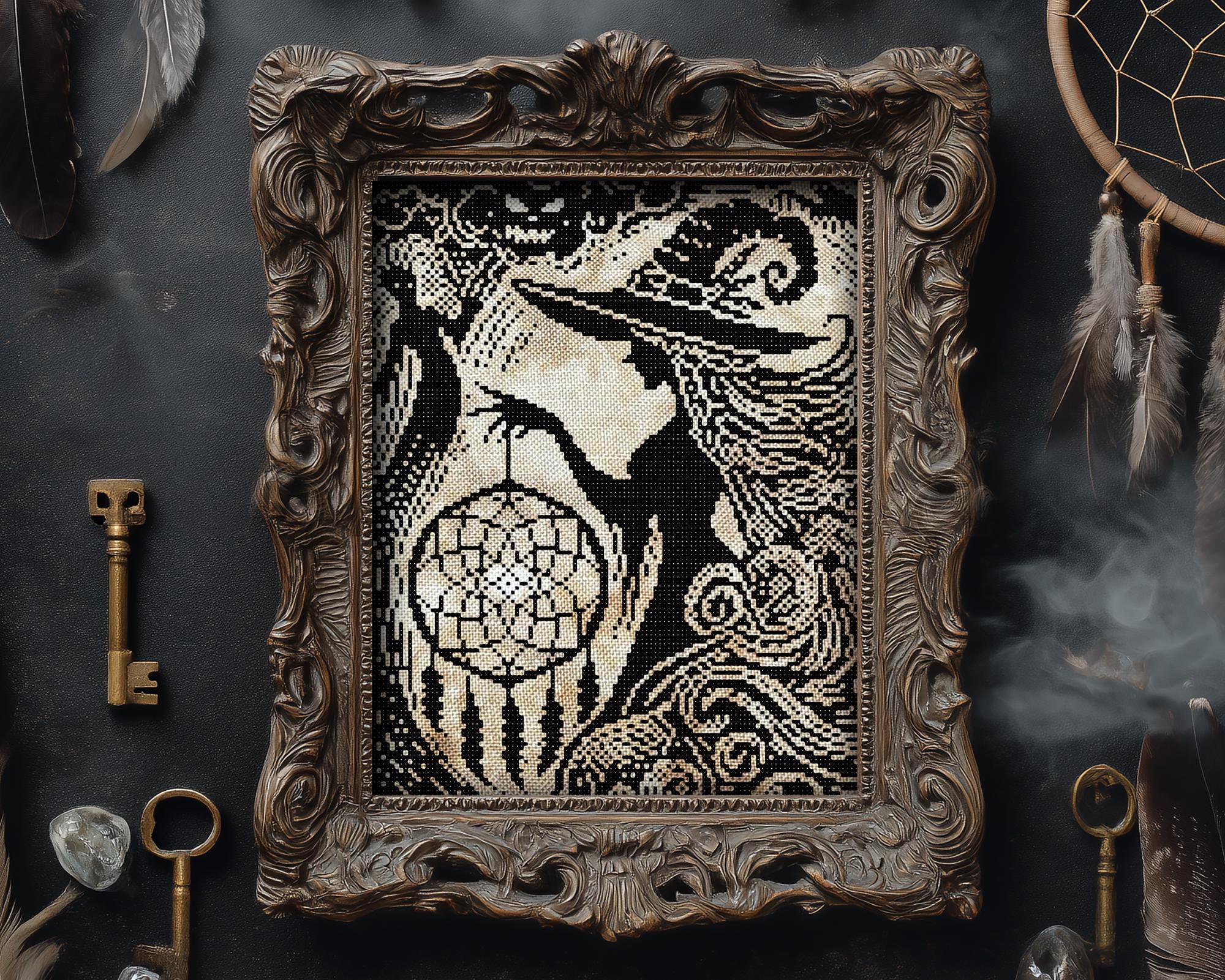 Woodcut Dream Weaver Witch Cross Stitch Pattern Spooky Gift for ...