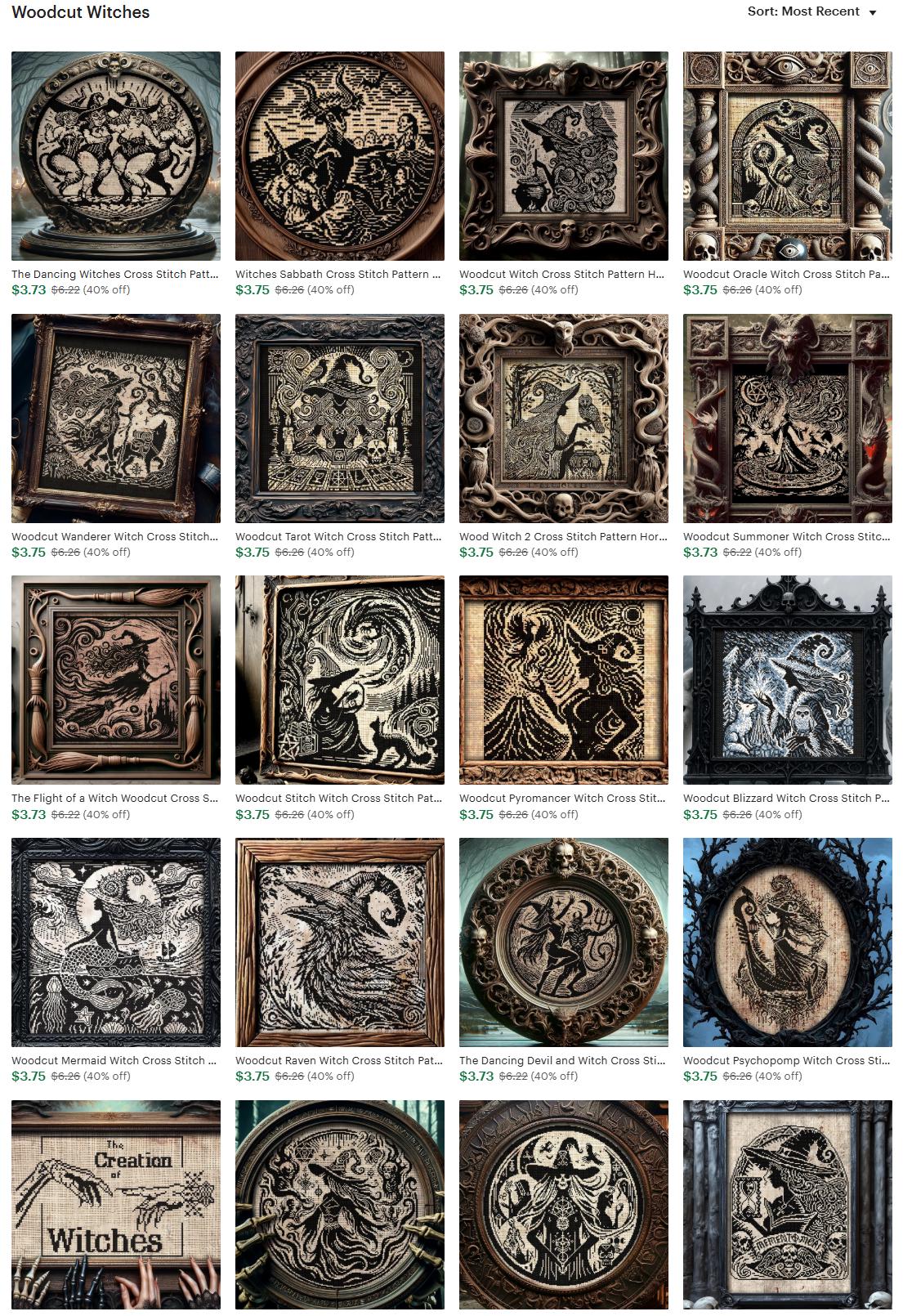 Woodcut Witches Cross Stitch Pattern Bundle Set-20 Designs Horror Gift ...