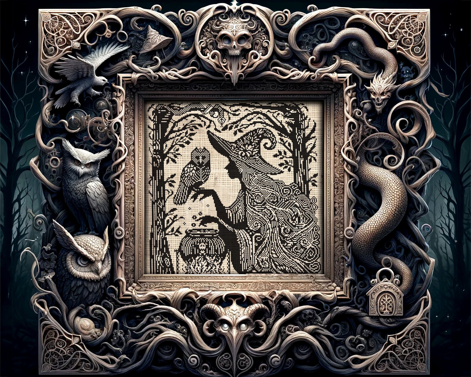 Wood Witch 2 Cross Stitch Pattern Horror Gift for Goth X-stitch Witchy ...
