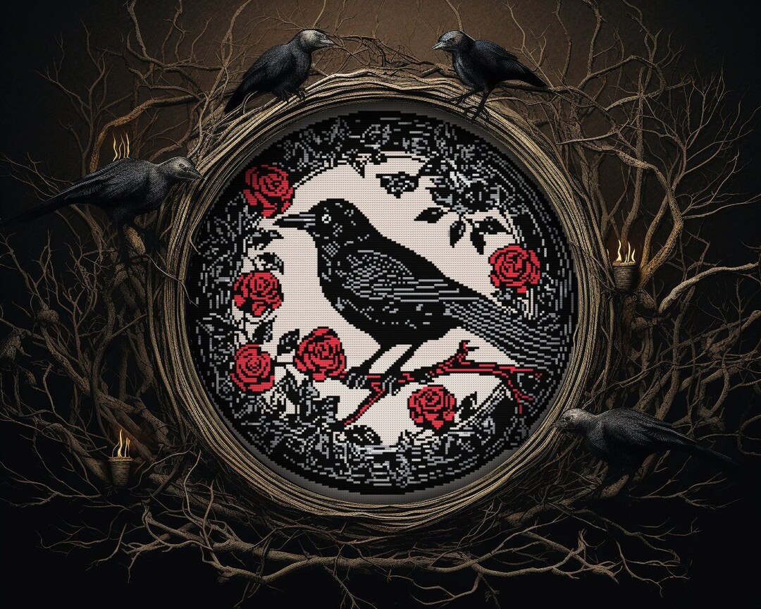 Raven Woodcut Crow Cross Stitch Pattern Horror Gift for Goth X-stitch ...