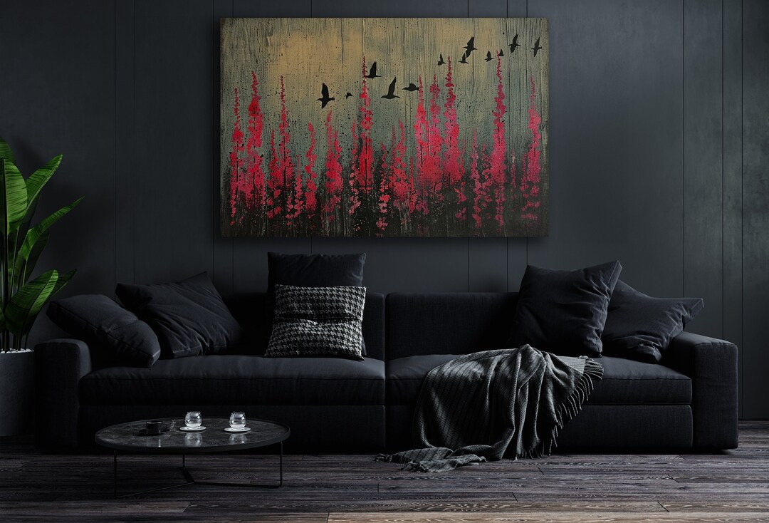 Vintage Red Wildflower Decor, Wildflowers Field Canvas Print, Vintage ...