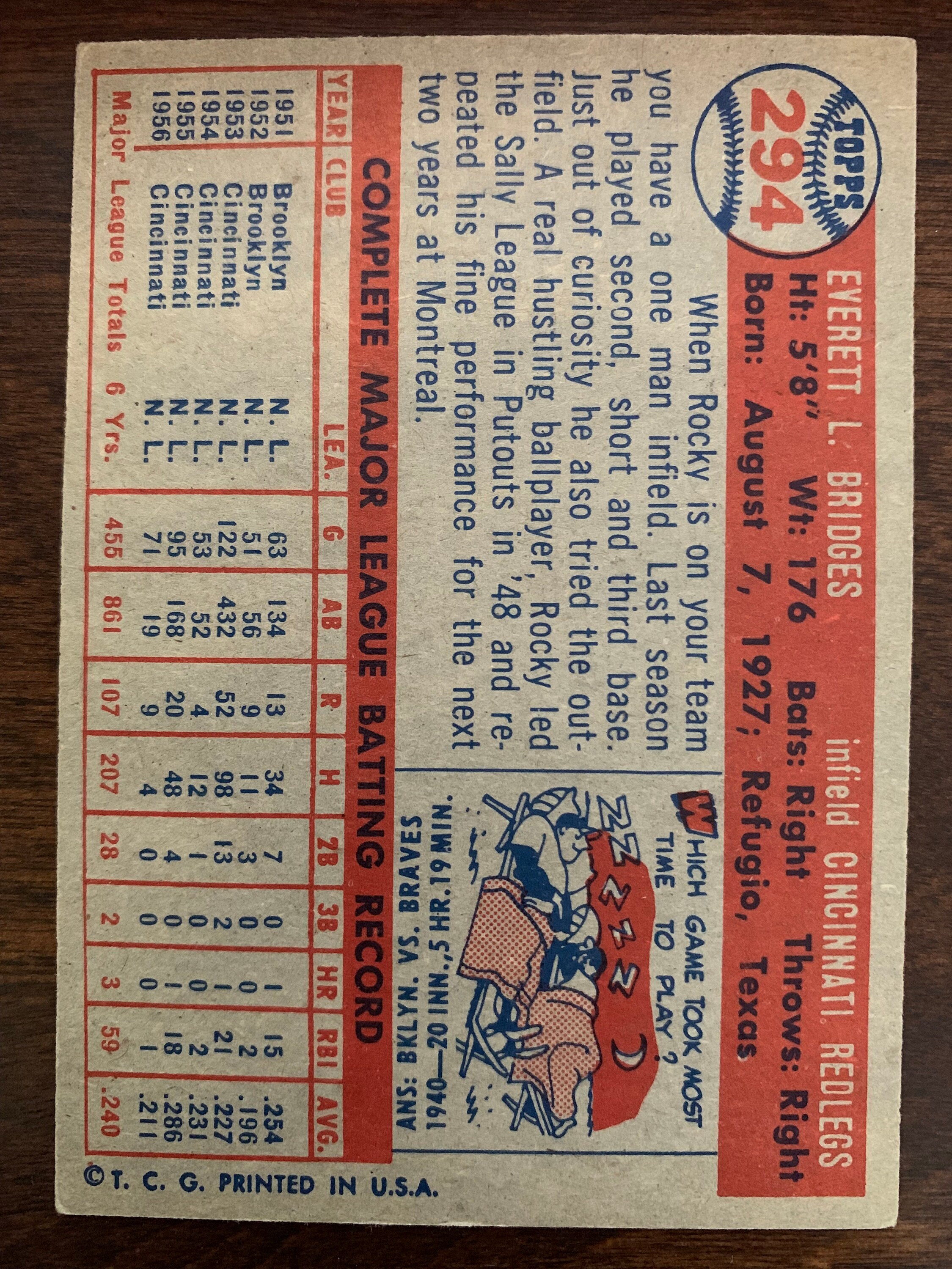 1957 Topps Baseball Card ROCKY BRIDGES 294 Cincinnati Redlegs NRMT - Etsy