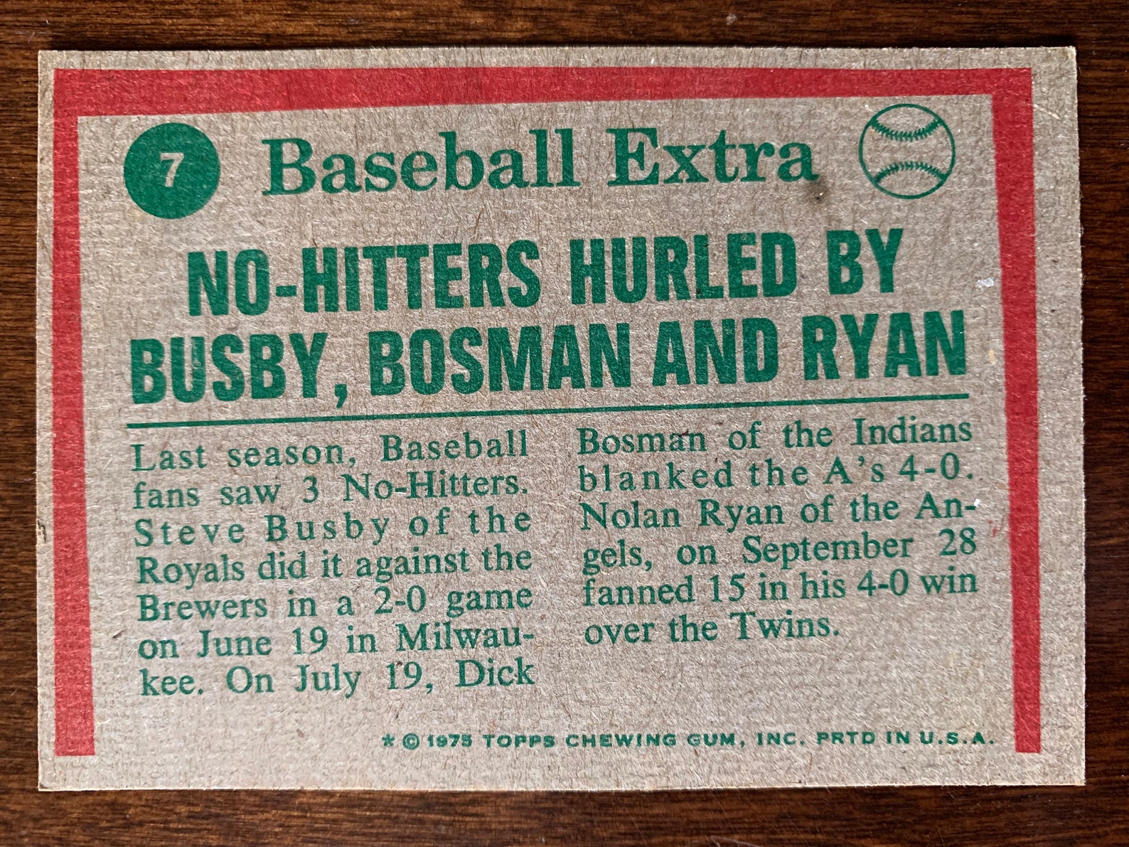 1975 Topps Baseball Busby Bosman Nolan Ryan #7 Highlights No Hitters ...
