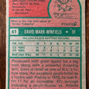 1975 Topps Baseball Card DAVE WINFIELD #61 Hall of Fame San Diego ...