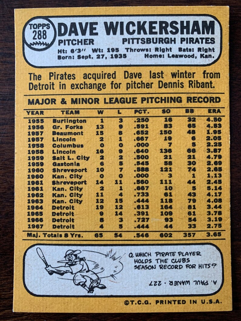 1968 Topps Baseball Card DAVE WICKERSHAM 288 Pittsburgh - Etsy