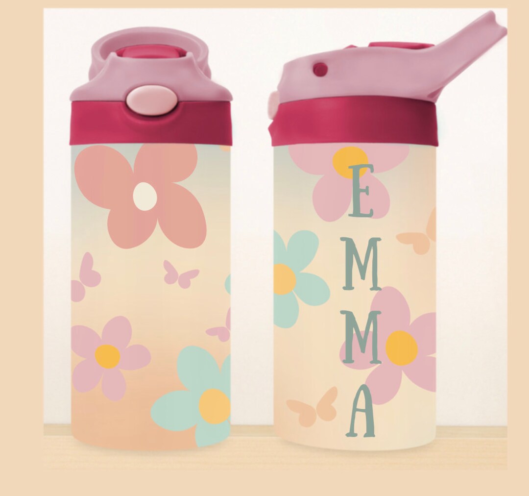 Personalized Flower Water Bottle, Kids Flip Top Cup, Stainless Steel - Etsy