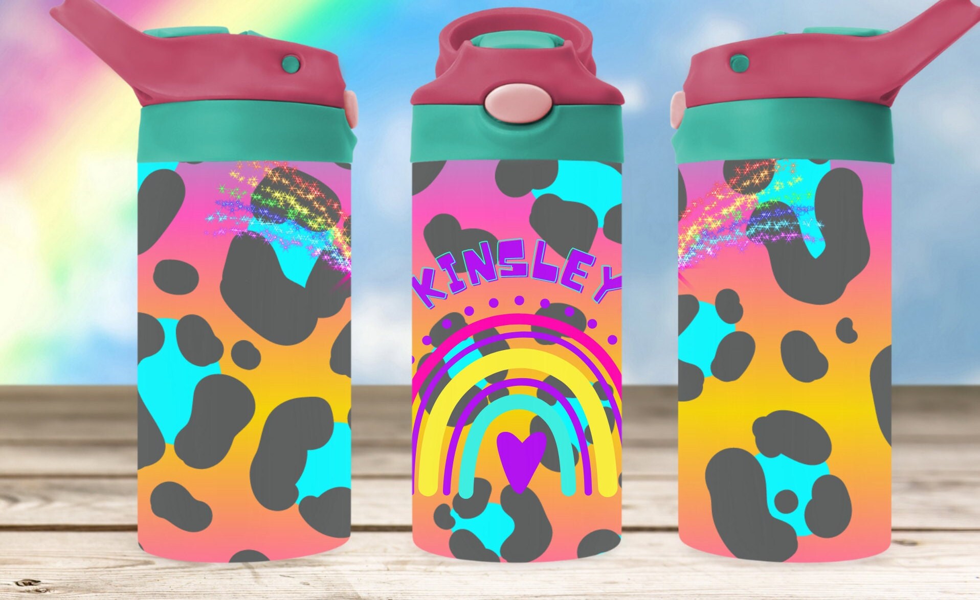 Cheetah Water Bottle, Boho Rainbow Water Bottle, Cheetah Flip Top Cup ...