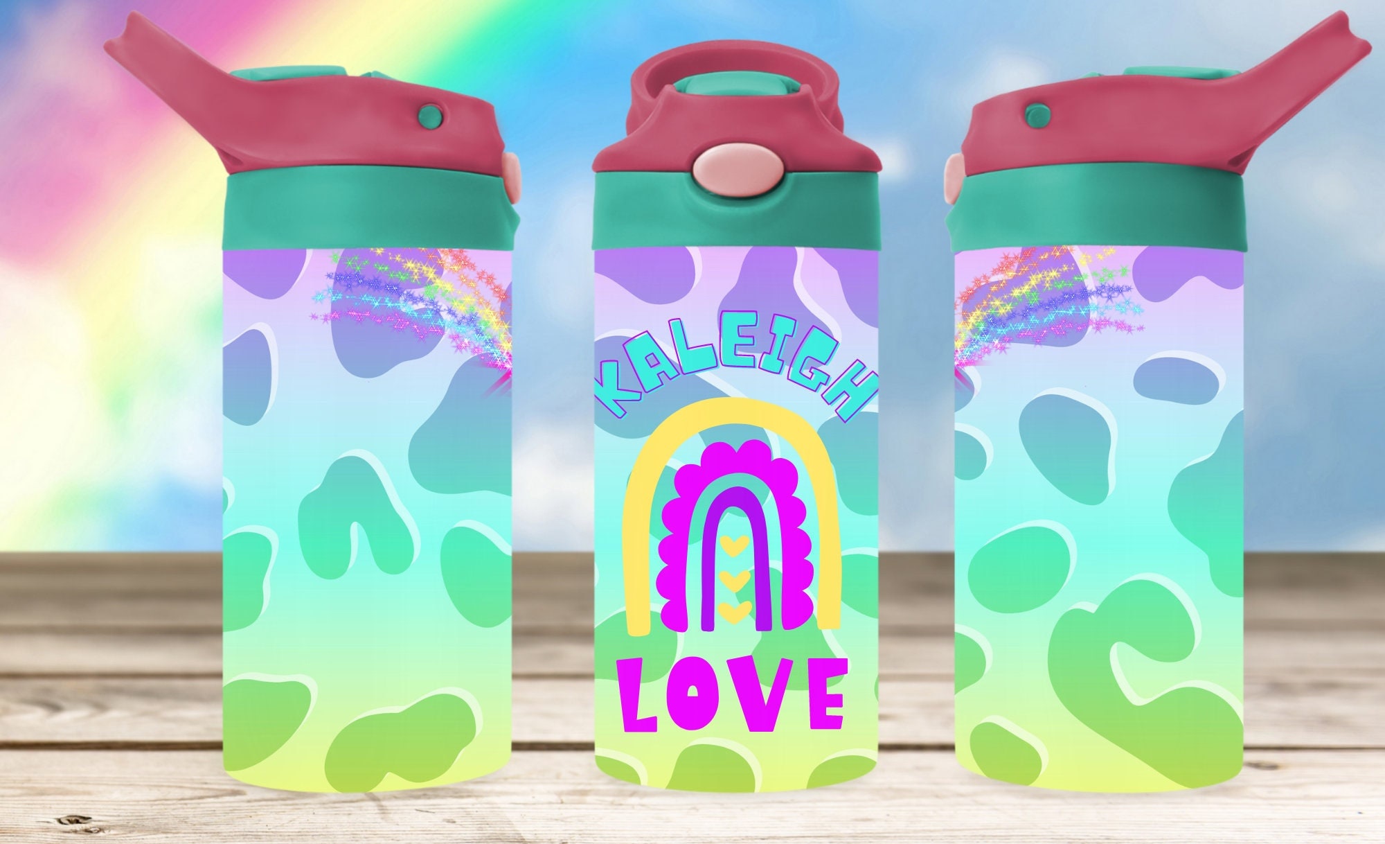 Cheetah Water Bottle, Boho Rainbow Water Bottle, Cheetah Flip Top Cup ...
