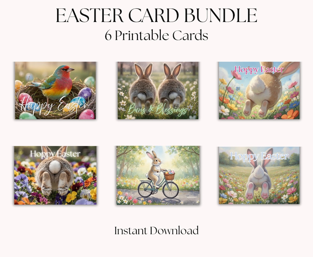Set of 6 Easter Cards, Download and Print, Colorful Bunny Cards, Spring ...