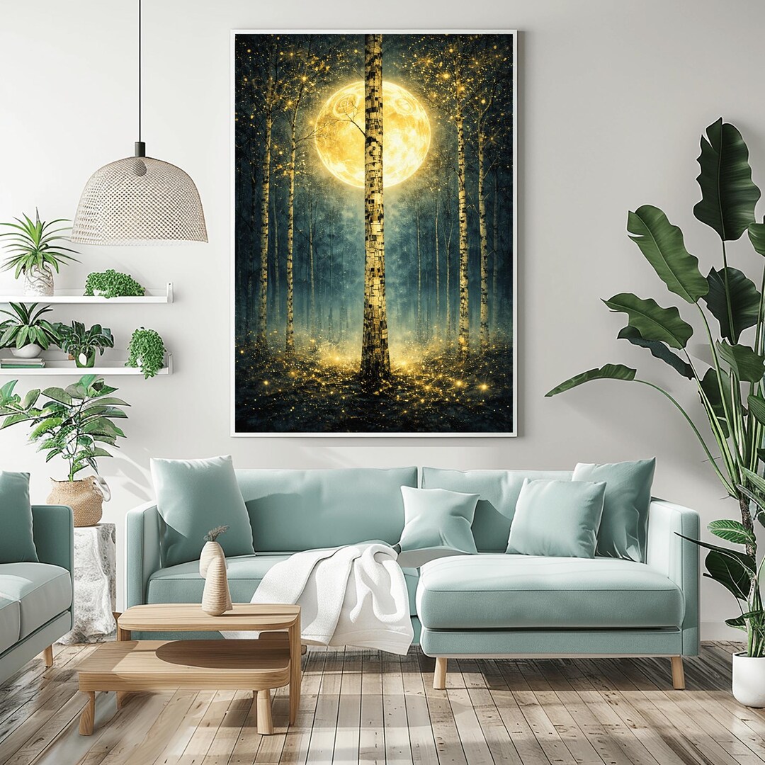 Gustav Klimt Birch Forest Wall Art: Golden Moon Glow - Teal Mist ...