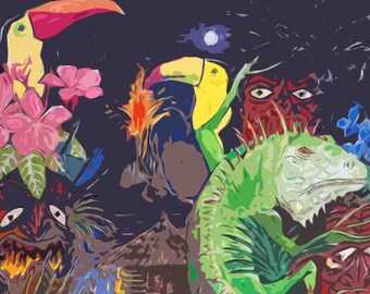 Tropical Tiki Jungle Island Night Tropical Bird Lizard Volcano Blast ...