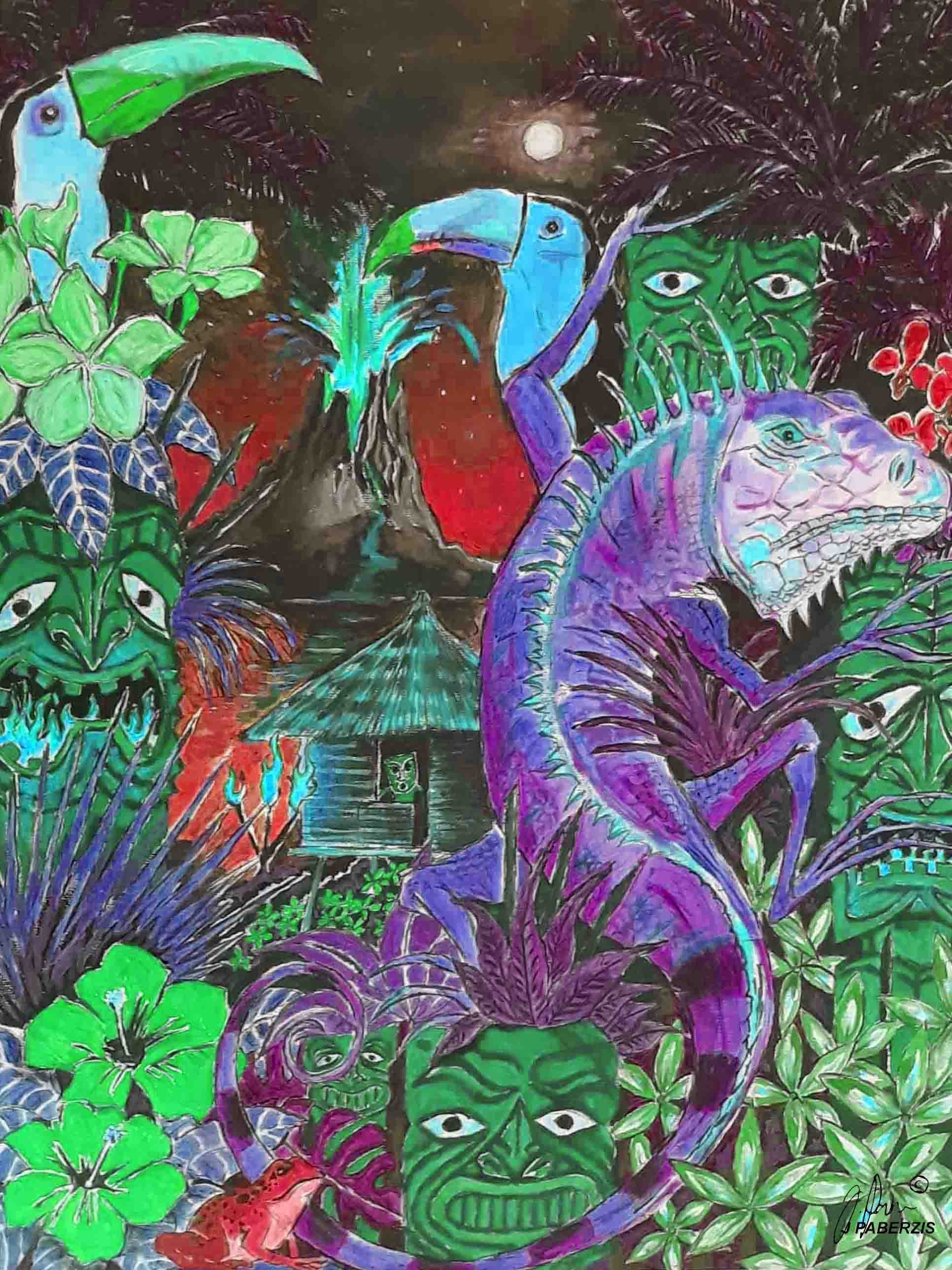 Tropical Tiki Jungle Island Night Tropical Bird Lizard Volcano Blast ...