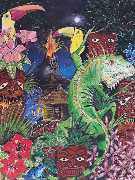 Tropical Tiki Jungle Island Night Tropical Bird Lizard Volcano | Etsy
