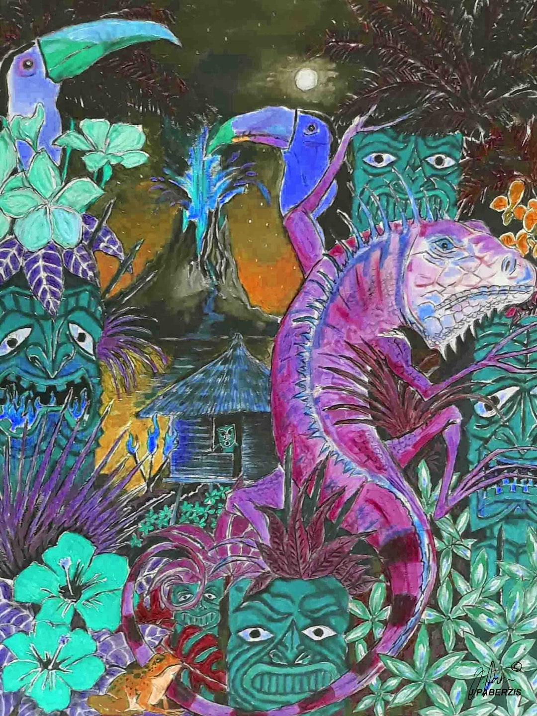 Tropical Tiki Jungle Island Night Tropical Bird Lizard Volcano Blast ...