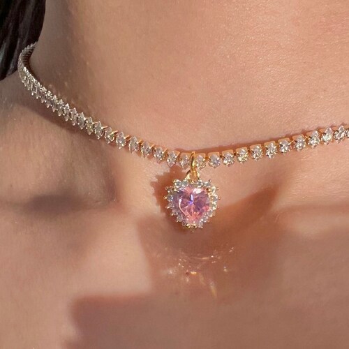 18k Gold Plated Tennis Chain Princess Heart Choker/comes - Etsy
