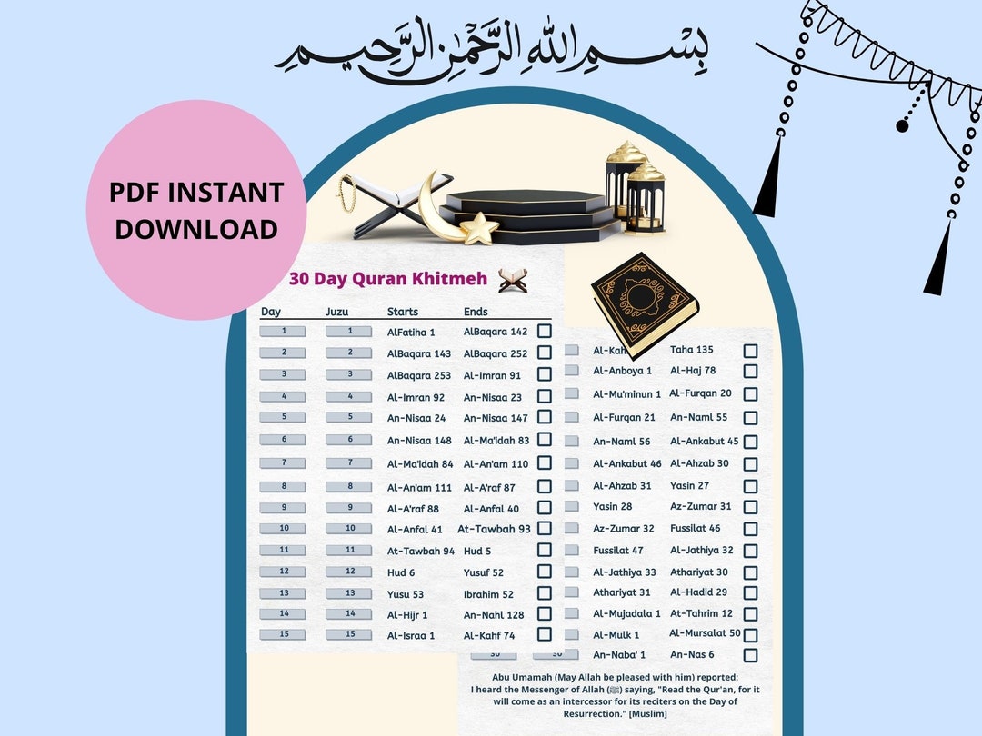 Quran Log, Printable Quran Tracker, Ramadan Quran 30 Day Tracker, 30 ...
