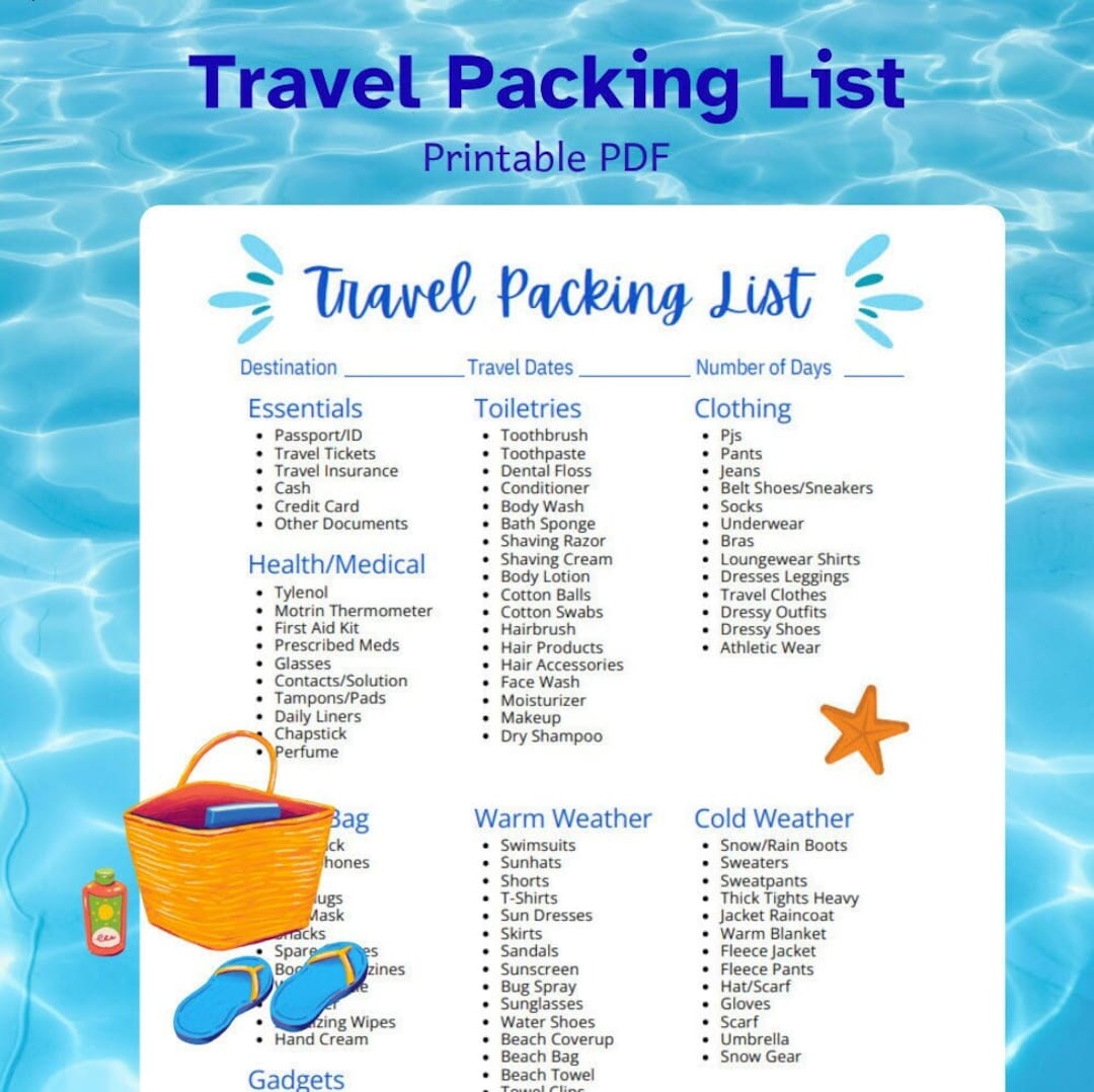 Travel Packing List Printable PDF - Instant Download - Vacation ...