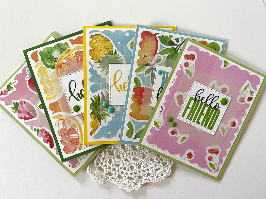 Set of 5 Handstamped Hello Friend Cards Featuring Fruit - Etsy