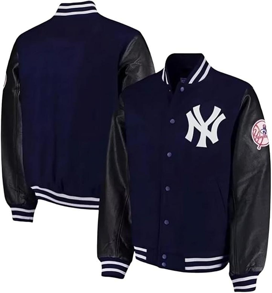 New York Yankees Black Wool Bomber Jacket Sheepskin Leather Sleeves - Etsy