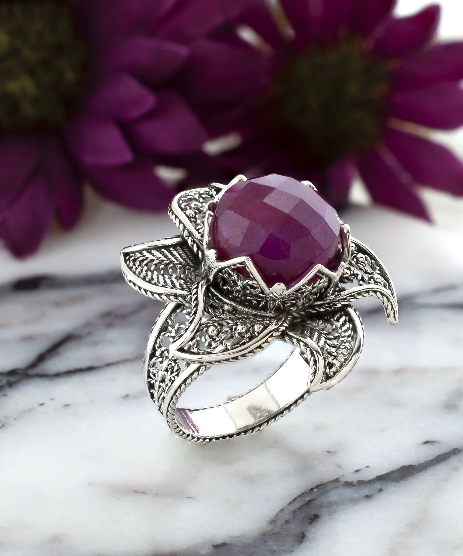 925 Sterling Silver Lotus Flower Women Ring, Ruby Corundum Cocktail ...