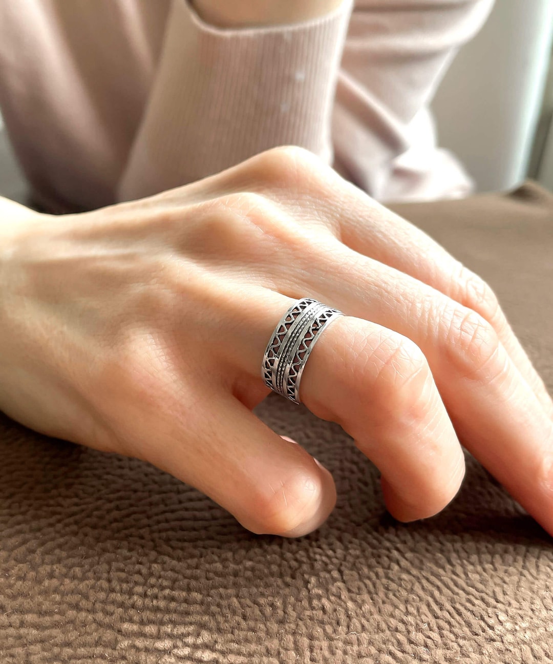 925 Sterling Silver Filigree Art Band Ring Super Light Handcrafted Band ...