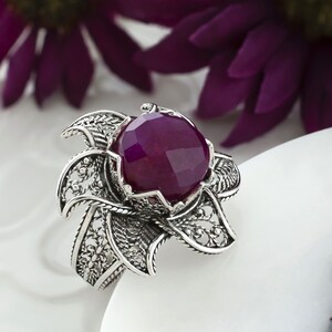925 Sterling Silver Lotus Flower Women Ring, Ruby Corundum Cocktail ...