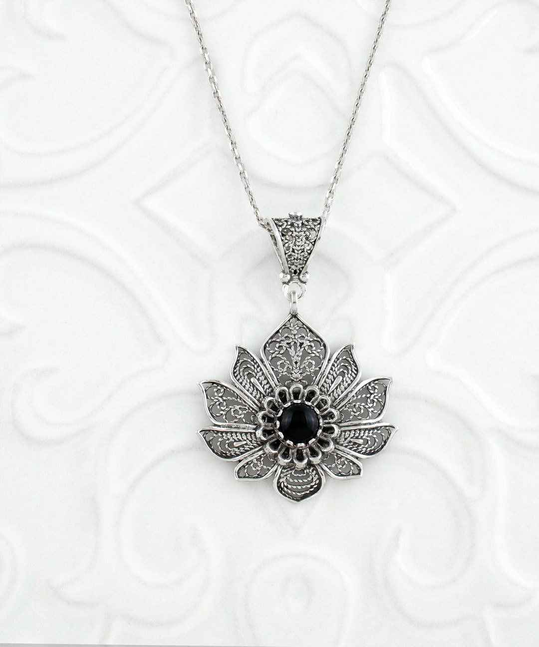 925 Sterling Silver Filigree Art Black Onyx Lotus Flower Women Pendant ...