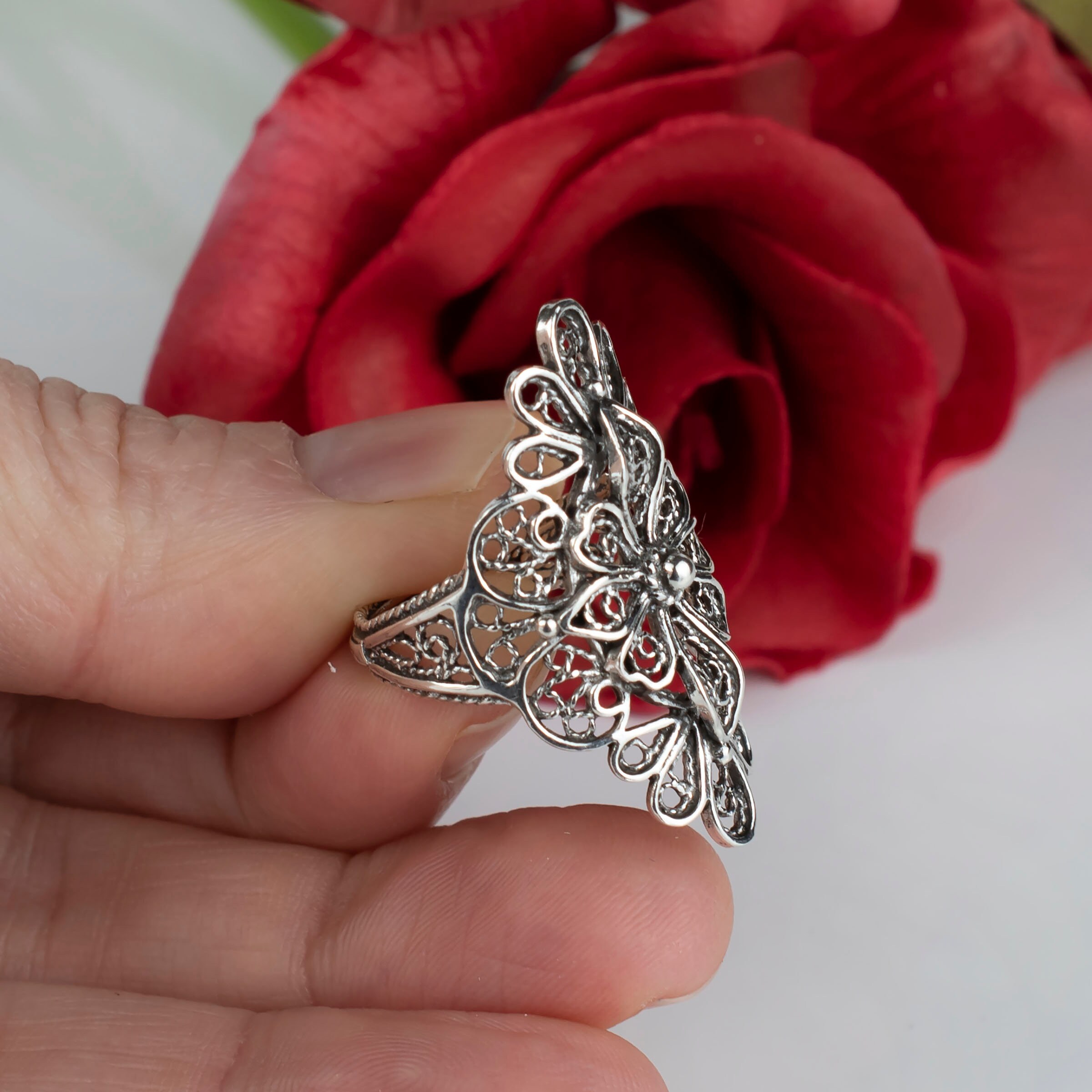 925 Sterling Silver Filigree Art Lace Design Women Statement Ring - Etsy