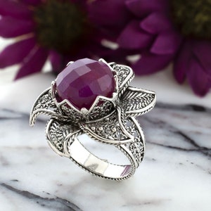 925 Sterling Silver Lotus Flower Women Ring, Ruby Corundum Cocktail ...