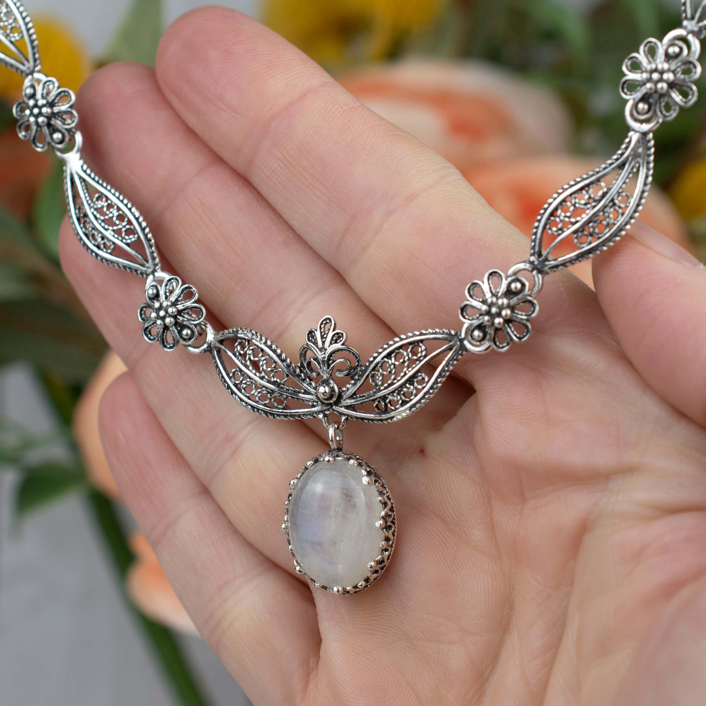 925 Sterling Silver Paisley Design Filigree Art Grey Moonstone Gemstone ...