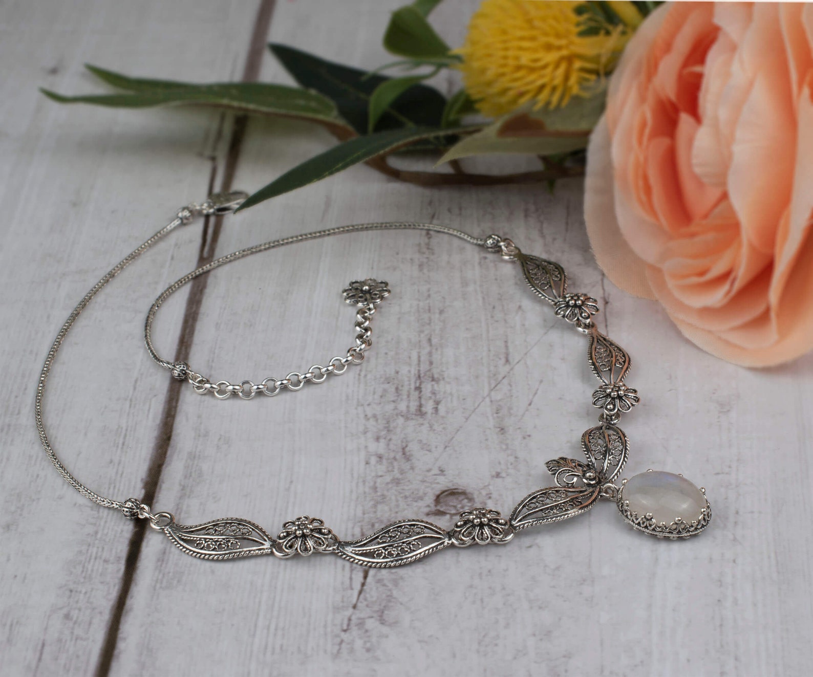 925 Sterling Silver Paisley Design Filigree Art Grey Moonstone Gemstone ...