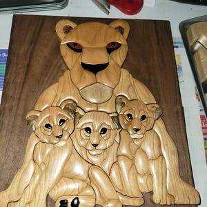 Wooden Intarsia Lionness and Cubs. Handmade, Woodwork, Wood Lion. Cubs ...