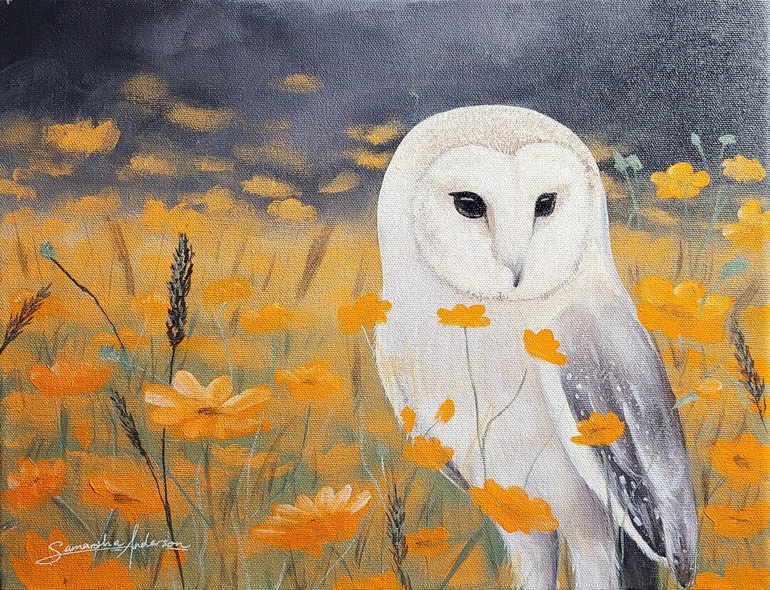 White Owl in Wildflowers | Original Acrylic Painting on 11x14 Canvas ...