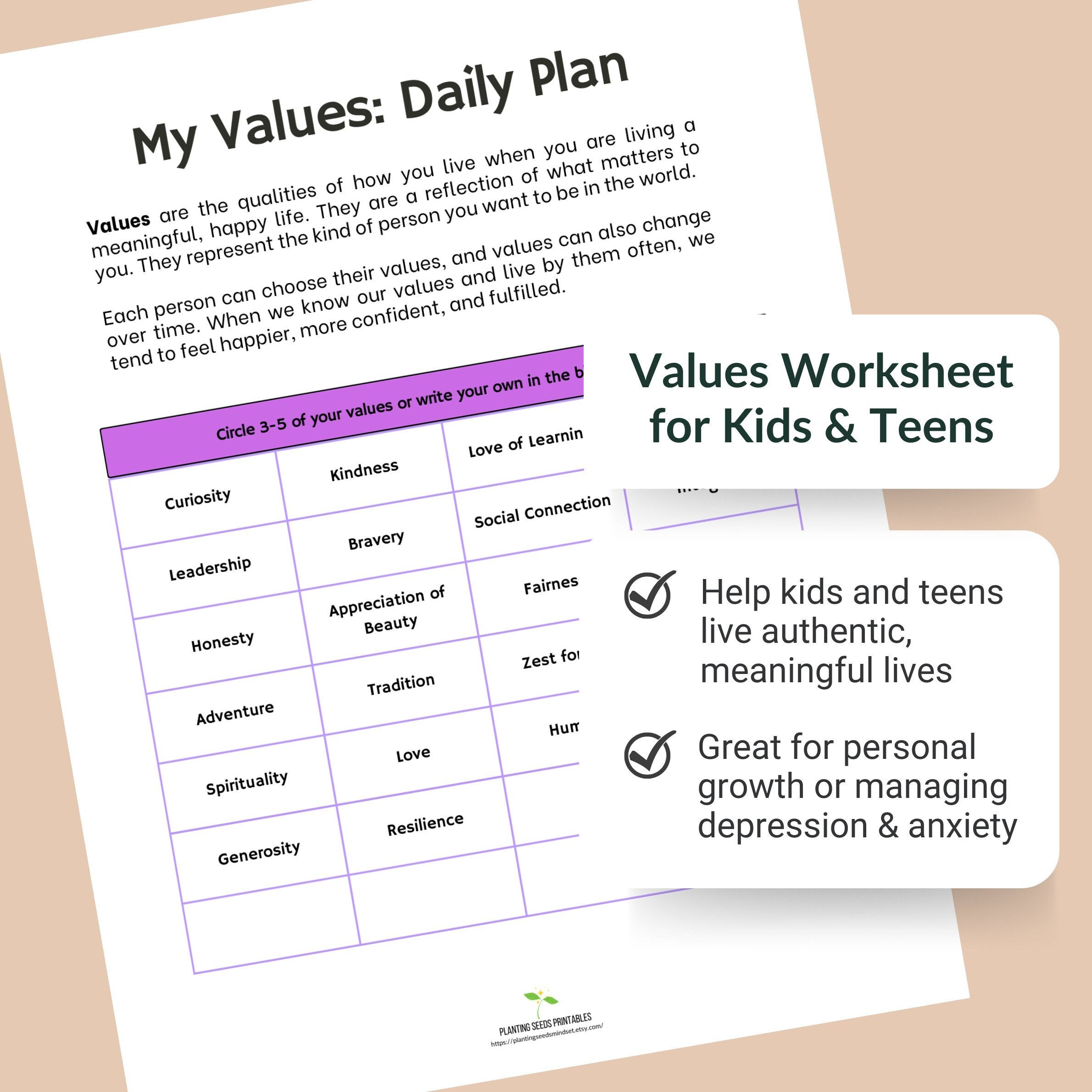Values Worksheet for Kids & Teens, Live Meaningfully Worksheet ...