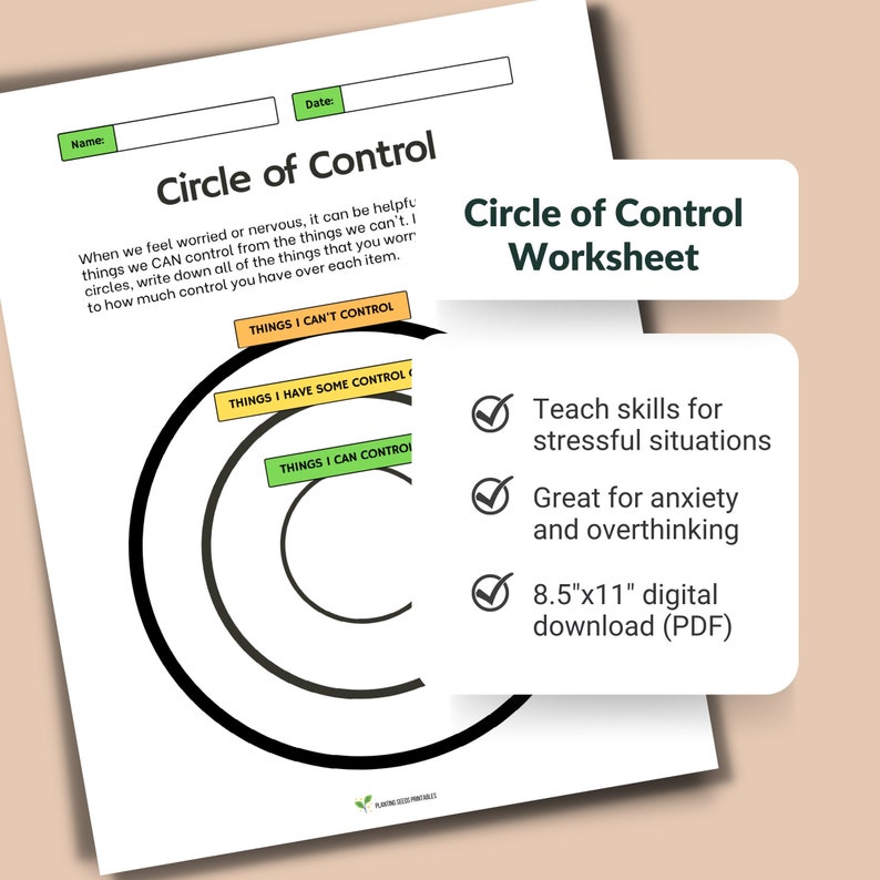 Anxiety Worksheet, Circle of Control Worksheet, Cognitive Behavioral ...
