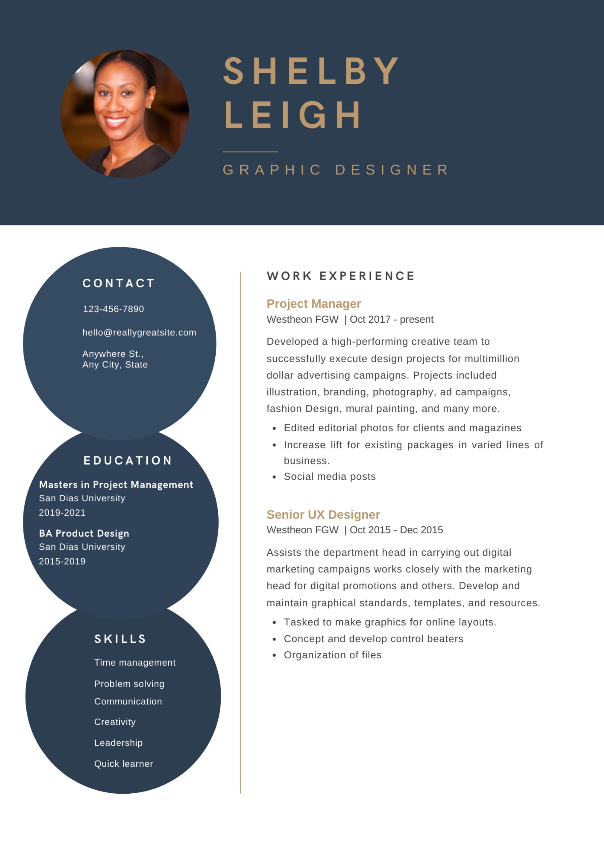 Navy and Gold Minimalist Resume Template - Etsy