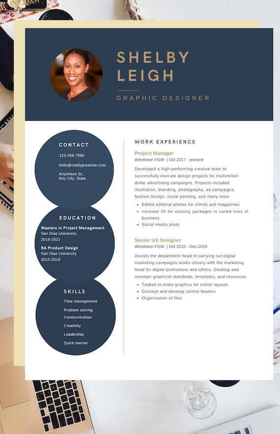 Navy and Gold Minimalist Resume Template | Etsy
