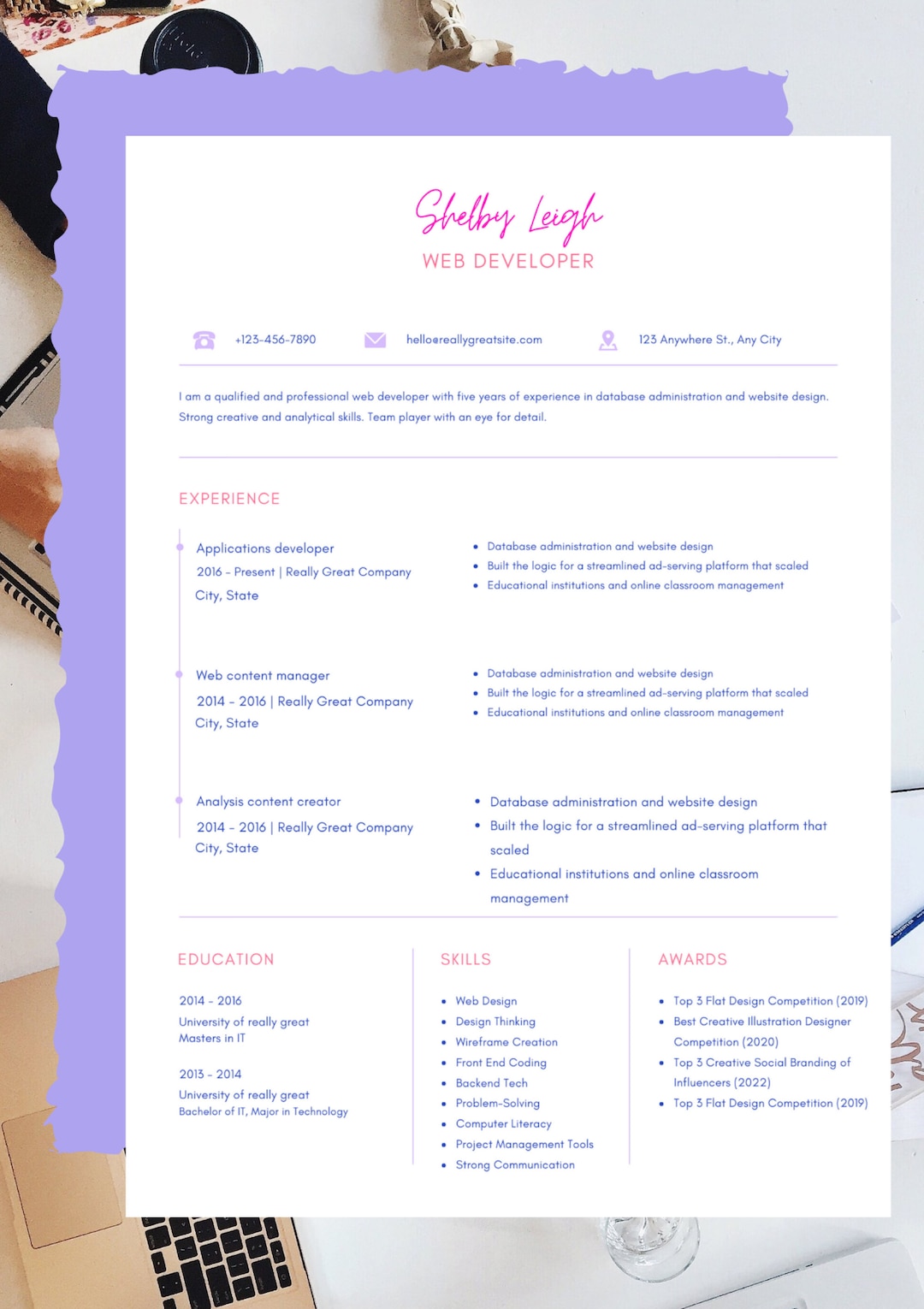 Hot Pink and Purple 80's Themed Minimalist Resume Template - Etsy